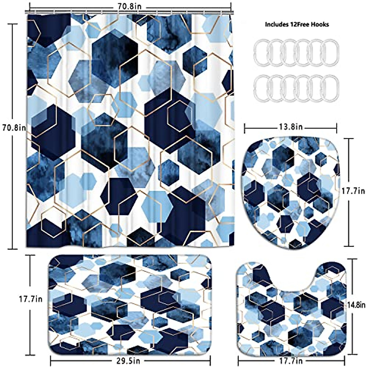 LQCOOL 4Pcs Blue Shower Curtain Set Modern Art Geometric Bathroom Set Navy Blue Abstract Bathroom Curtain Set with 12 Hooks, Bathroom Carpet Bath Mat and Toilet Rugs