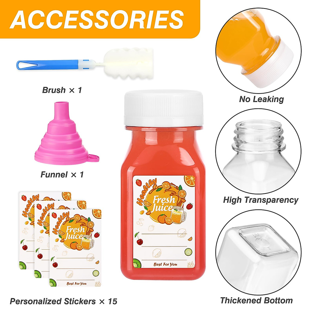 Moretoes 4oz Shot Bottles with Caps, 15pcs Plastic Juice Bottles, Beverage Containers Bulk with Lids for Juicing, Smoothies, Drinking, Fridge