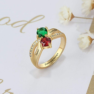 Luolajewelry Personalized Women Promise Ring Engraved 2 Names with 2 Simulated Birthstone Engagement Rings for Her (Gold, 9)