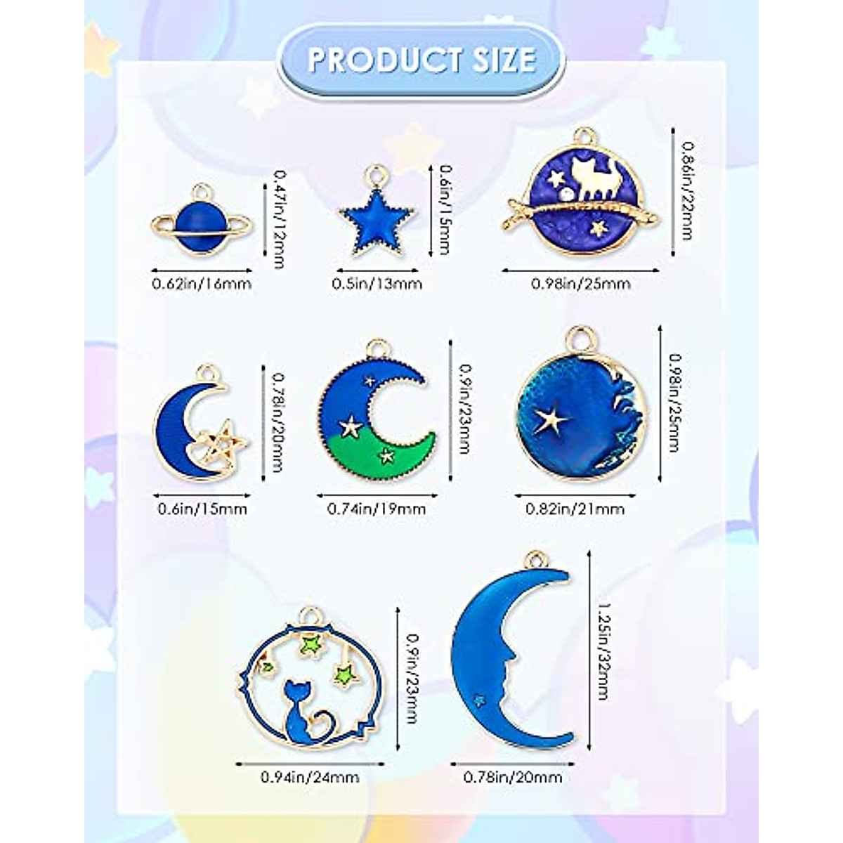 JIALEEY Assorted Gold Plated Enamel Cat Moon Star Celestial Charm Pendant DIY for Earrings Necklace Bracelet Jewelry Making and Crafting