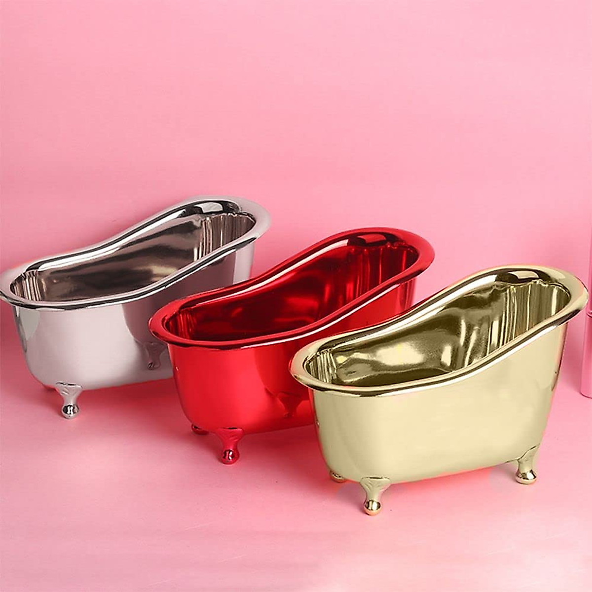 Mini Bathtub Sundries Storage Box, Small Bath Tub Makeup Organizer Container Soap Dish Holder Desktop Storage Accessories(Silver)