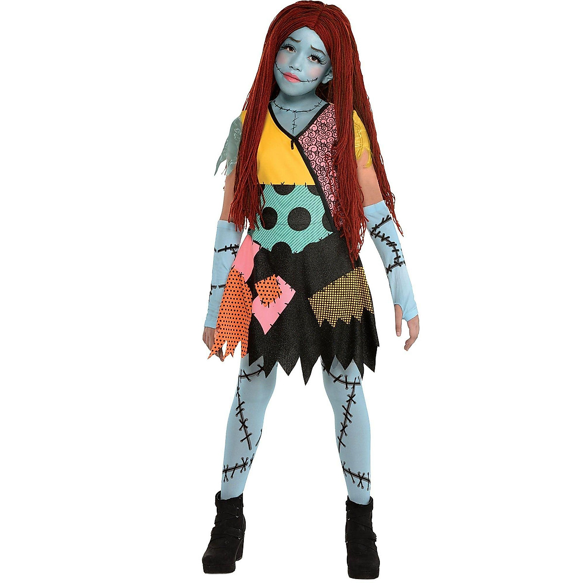Party City Sally Costume for Girls, The Nightmare Before Christmas - Costume Includes Patchwork Dress, Red Wig, Arm Warmers & Tights - Costumes for Halloween, Birthday Parties & Themed Event