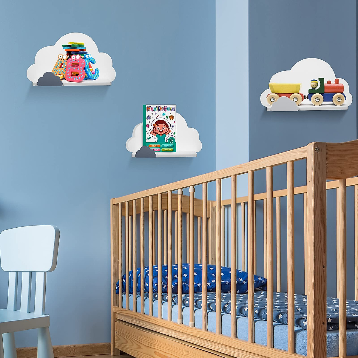 TopKai Set of 3 Cloud Shelves for Kids’ Room – Wooden Floating Wall Shelf Cloud Decorations, Floating Book Shelves for Baby Room Décor or Nursery, Stylish & Easy to Install