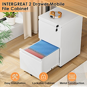 INTERGREAT 2 Drawer File Cabinet, Assembled Metal Filling Cabinet with Lock, Locking Office Mobile Cabinet with Wheels for Legal/Letter Size, Under Desk, White