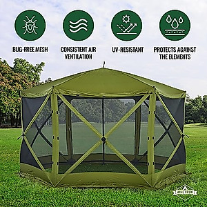 Hike Crew 12’ x 12’ Pop-Up Gazebo Screen Tent | Screened 6-Sided Instant Outdoor Canopy Shelter with Stakes, Ropes & Carry Bag for Camping, Sports & Picnic Table | UV Resistant SPF 50+
