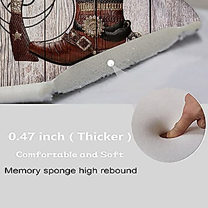 Farmhouse Wooden Plank Leather Boots Western Cowboy Bathroom Rugs and Mats Sets 3 Piece, Memory Foam Bath Mat, U-Shaped Contour Shower Mat Non Slip Absorbent, Velvet Toilet Lid Cover Washable