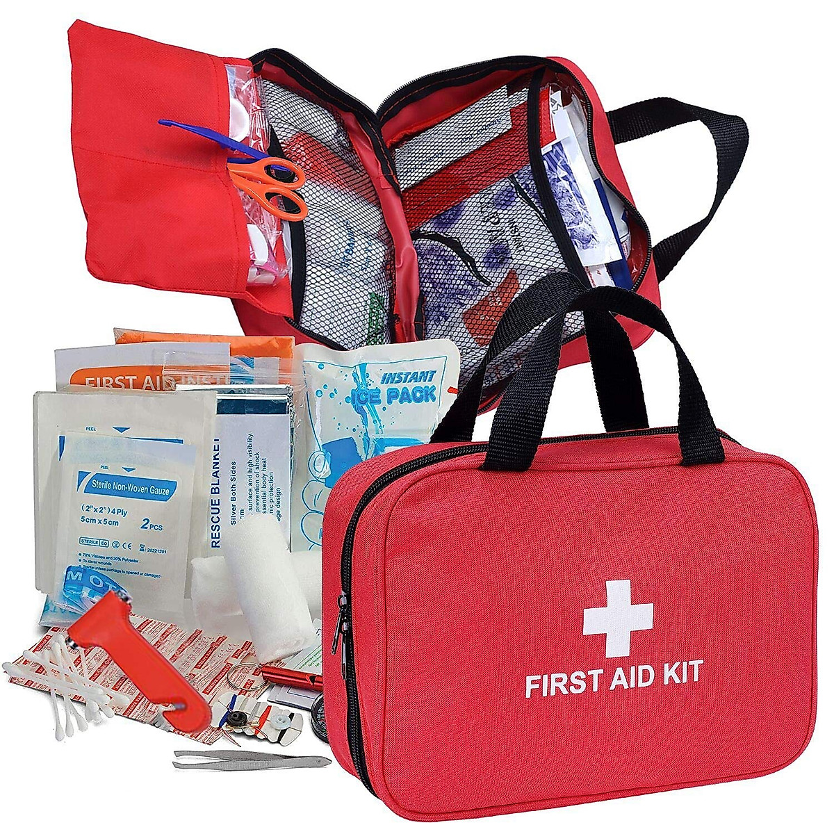 First Aid Kit - 230 Piece - for Car, Home, Travel, Camping, Office or Sports | Red Bag/Reflective Cross, Fully Stocked with Essential Supplies for Emergency and Survival