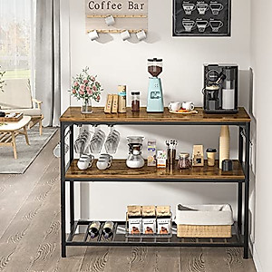 Homieasy Kitchen Island with Wine Glass Holder, Industrial Wood and Metal Coffee Bar Rack, 3 Tier Spacious Prep Table Extended Counter with Hooks Easy to Assemble, Rustic Brown