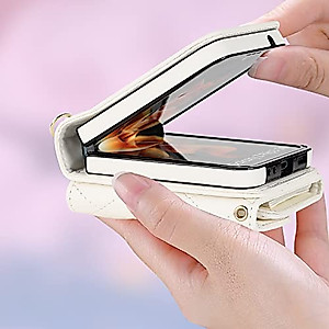 XNXCEVI Crossbody Wallet Case for Samsung Galaxy Z Flip 3 with RFID Blocking Card Slot, Magnetic Flip Case PU Leather Handbag with Detachable Lanyard and Kickstand for Galaxy Z Flip3 5G (White)