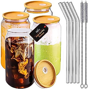 PLASNT Glass Cups with Bamboo Lids and Straws 4 Can Shaped Glasses Glass Can Cup Glass Coffee Cups with Lids and Straw Beer Can Glass with Lids And Straw16 oz