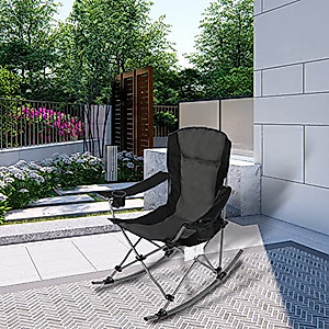 Varbucamp Camping Rocking Chair Outdoor, Folding Heavy Duty Rocker Patio Lawn Chair with High Back, Portable for Indoor Outside Garden, Black Padded Back