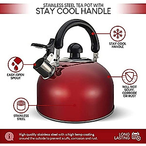 ELITRA Whistling Tea Kettle - Stainless Steel Tea Pot with Stay Cool Handle - 2.6 Quart / 2.5 Liter - (RED)
