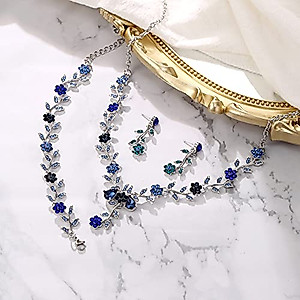 BriLove Women's Wedding Jewelry Set Leaf Cluster Flower Crystal Dangle Earrings Pendant Necklace Link Bracelet Set for Bridal Bride Blue Silver-Tone