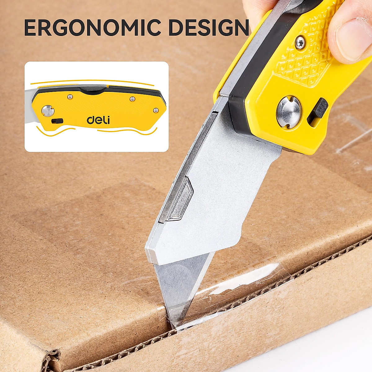 deli Folding Utility Knife Box Cutter Quick Change Blades, Back-lock Small Utility knife, Portable Belt Clip, with 5-Piece Extra Blades, Yellow