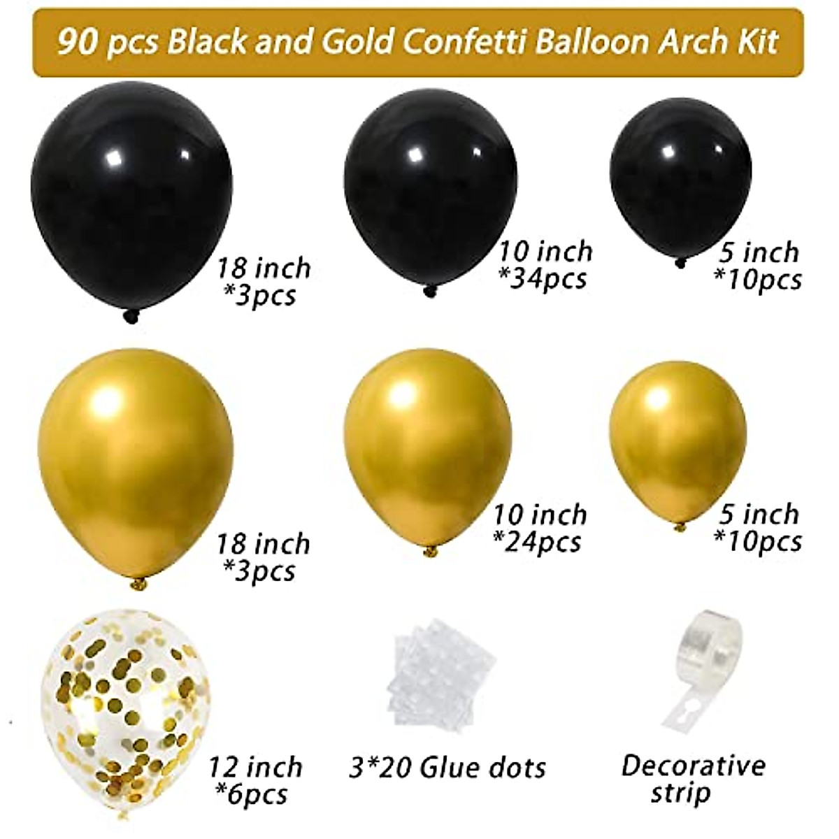 Black and Gold Balloon Garland Kit, 90Pcs Black and Gold Confetti Balloons Party Decorations 4 Sizes Black Gold Latex Party Balloons for Birthday Decorations, New Years, Wedding, Graduation