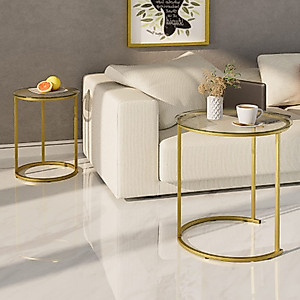 Azheruol Nesting Coffee Table Set of 2,Modern Gold Tempered Glass Side Table, Metal Frame Round End Table.Small Glass Tea Table for Living Room,Bedroom Studio Apartment Essentials，23.2in
