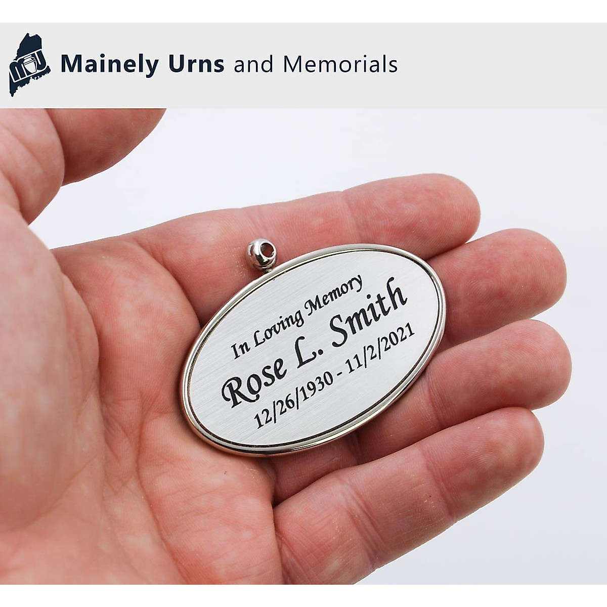 Hanging Silver Oval Personalized Pendant For Cremation Urns That Can’t Be Engraved - Includes Silver Satin Ribbon - Made of Solid Brass - Silver Tone Finish with Black Engraving