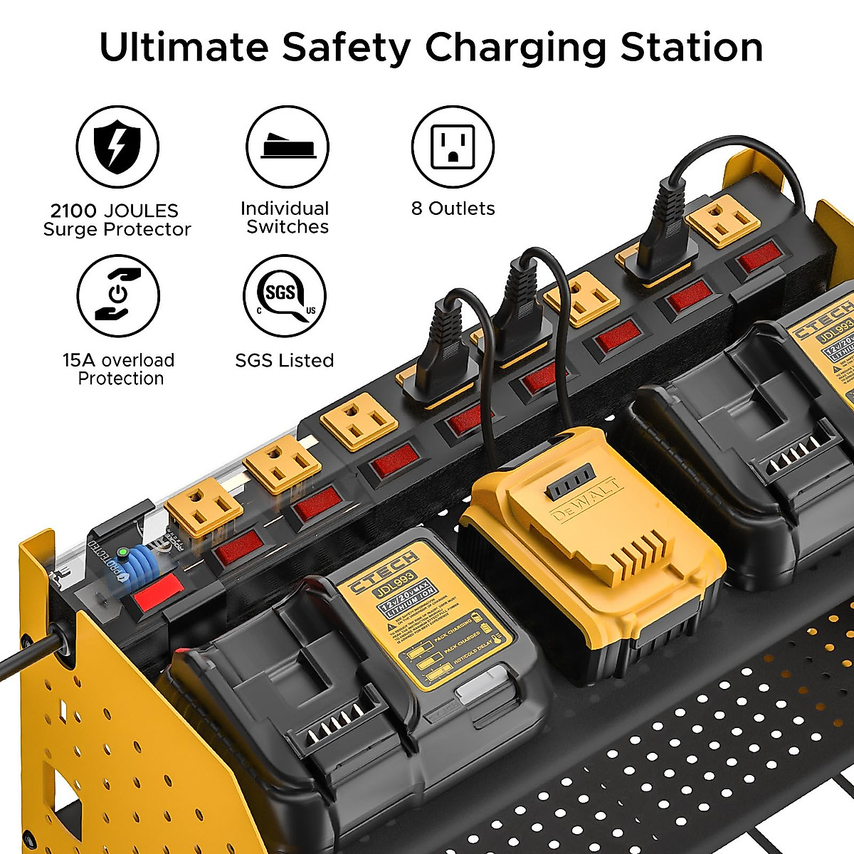 CRST Power Tool Organizer & 8-Outlet Power Strip Bundle, Cordless Drill Holder with Charging Station for Garage & Workshop