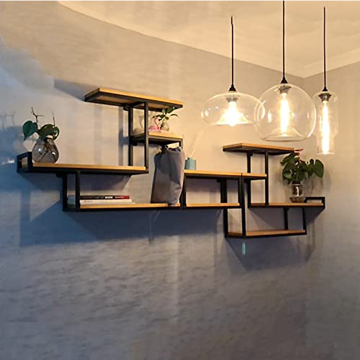 TAUODUYY Wall Shelf, Wall Mounted Bookshelf, Living Room Sofa Back Wall Display Shelf, Creative Red Wine Cabinet, Solid Wood Partition + Iron Decoration (Color : A)