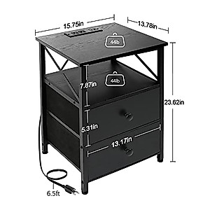 AMHANCIBLE Night Stand Set 2, Black Nightstand with Charging Station, End Tables Living Room with USB Ports and Outlets, Bed Side Tables Bedroom with Drawers HET05XBK