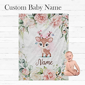 D-Story Personalized Baby Blankets for Girls, Custom Deer Childish Throw Blanket with Baby Name Custom Baptism Kids Blanket for Newborn Girls Baby Gift(30"x40")