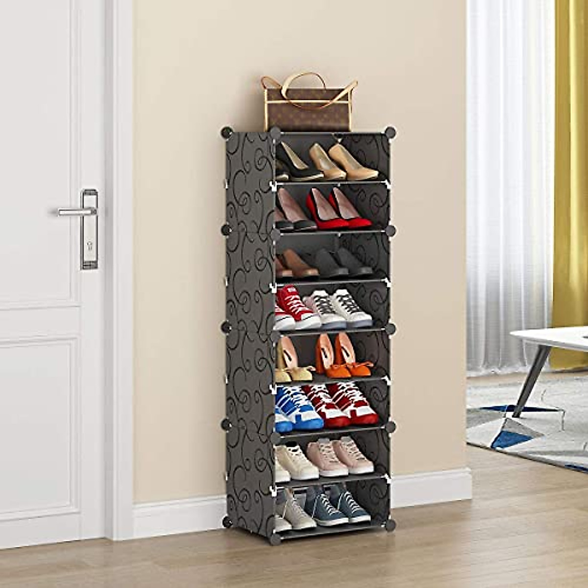 Aeitc 16 Pairs Shoe Rack for Entryway Shoe Storage Space Saver Plastic Shoe Organizer Narrow Standing Expandable for Heels, Boots, AC-150 AC-150