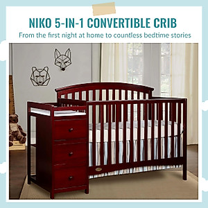 Dream On Me Niko 5-in-1 Convertible Crib with Changer in Cherry, Greenguard Gold Certified