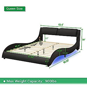 Queen Upholstered Bed Frame with LED Lights Underneath Modern Faux Leather Led Bed Frame Wave Like Curve Low Profile Platform Bed Frame with Headboard,Strong Wood Slats Support,Easy Assembly,Black