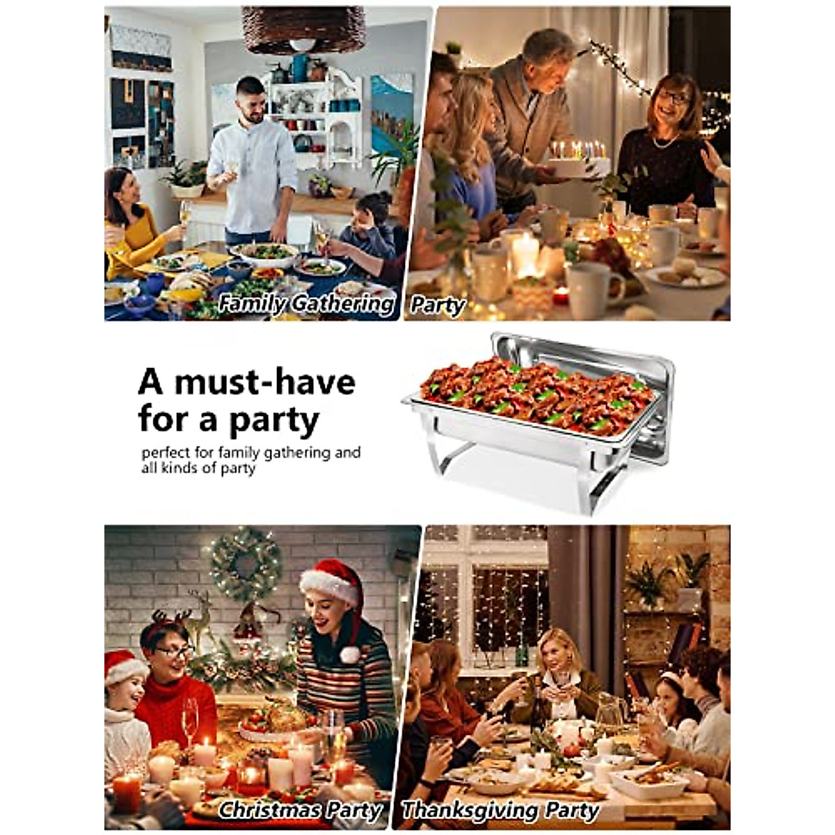 PURECHO Rectangular Chafing Dish Buffet Set, 4 Pack 8 Qt, Stainless Steel Chafer Full Size, Catering Food Warmer with Folding Frame, Ideal for Parties, Wedding, Festival Gathering