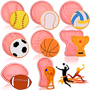 8 Pieces Sport Ball and Birthday Cookie Stamps with Plunger Cutters Set 3D Football Volleyball Soccer Basketball Cake Flower Shape Biscuit Cutter Cookie Stamps for DIY Cookie Supplies (Ball Style)