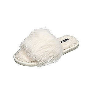 NINE WEST Women's Open Toe Fuzzy Slippers Cozy Sherpa Memory Foam Sole House Slides, Ivory, Medium, Size 7-8