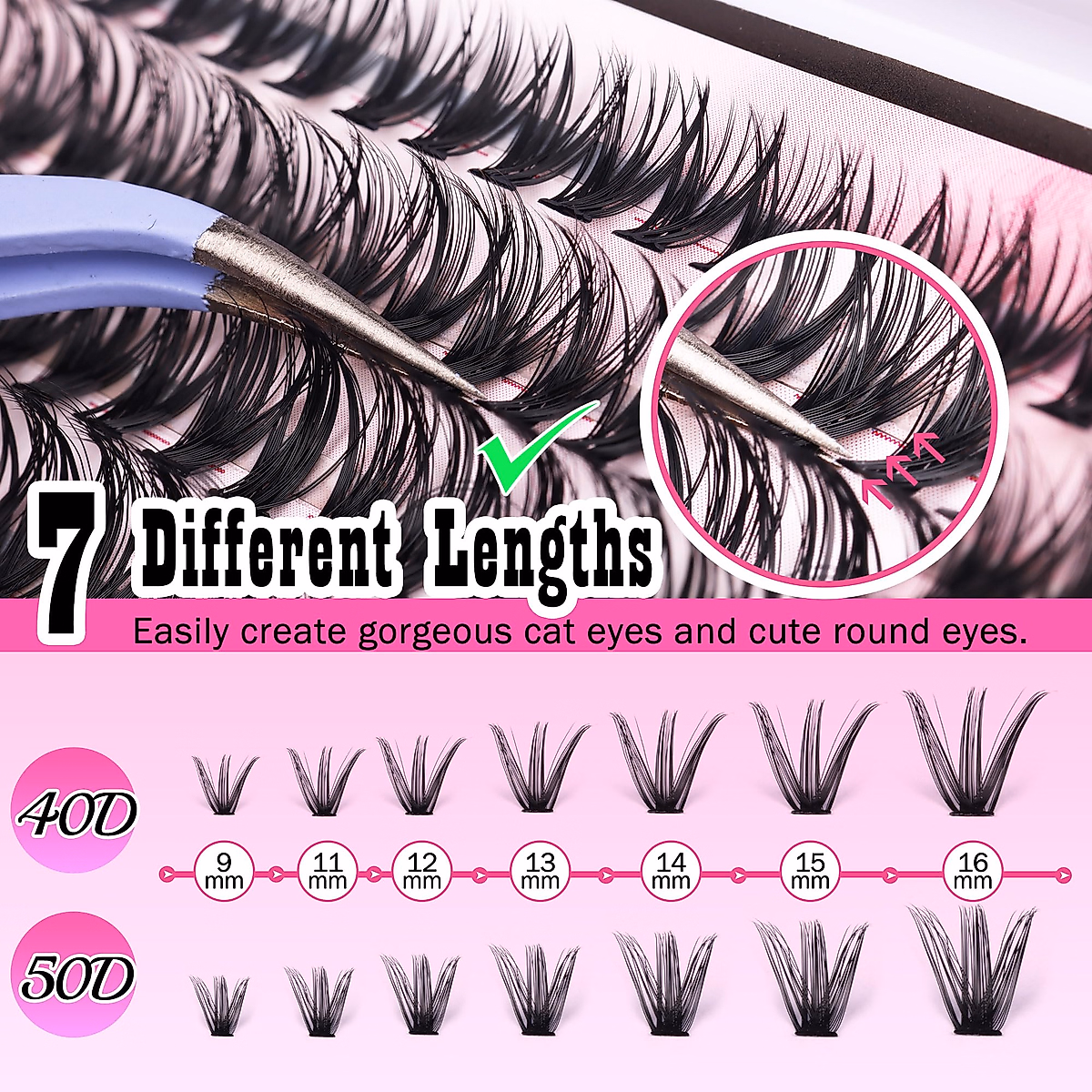 FANXITON DIY Lash Extension Kit - Volume Clusters 40D+50D D Curl Individual Lashes, Thick Eyelash Extension 280 pcs, Thin Band, Bond and Seal, Tweezers