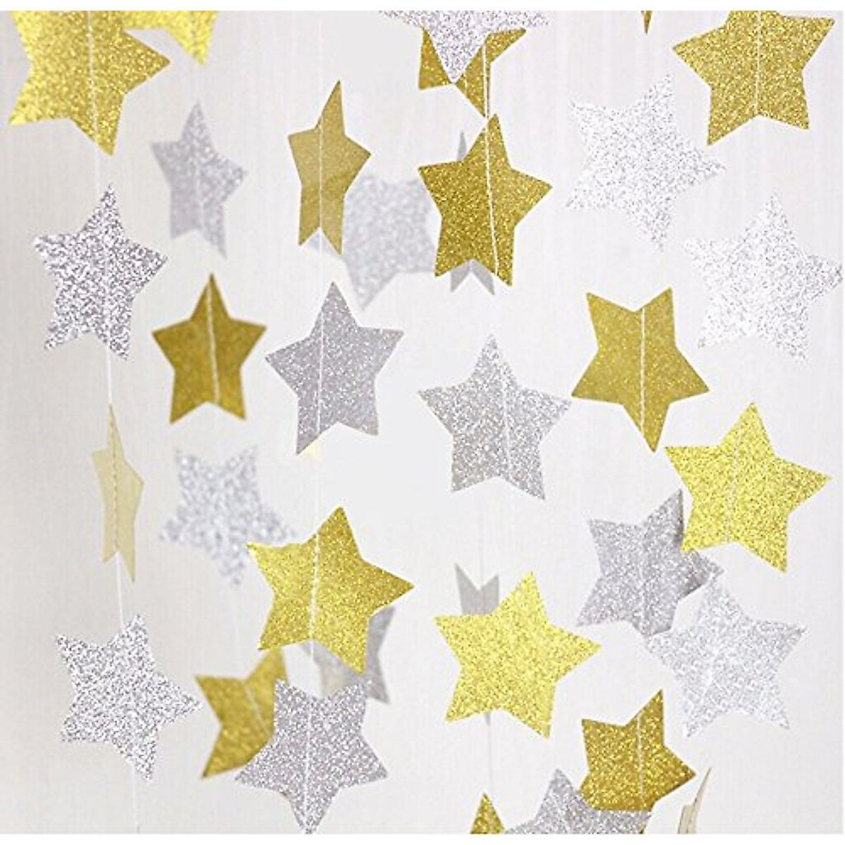 Glitter Silver Paper Star Hanging Garland - Twinkle Star Banner for Baby Shower Backdrop, Birthday Party Wall Decoration, 2.8", Totally 23 ft/7m