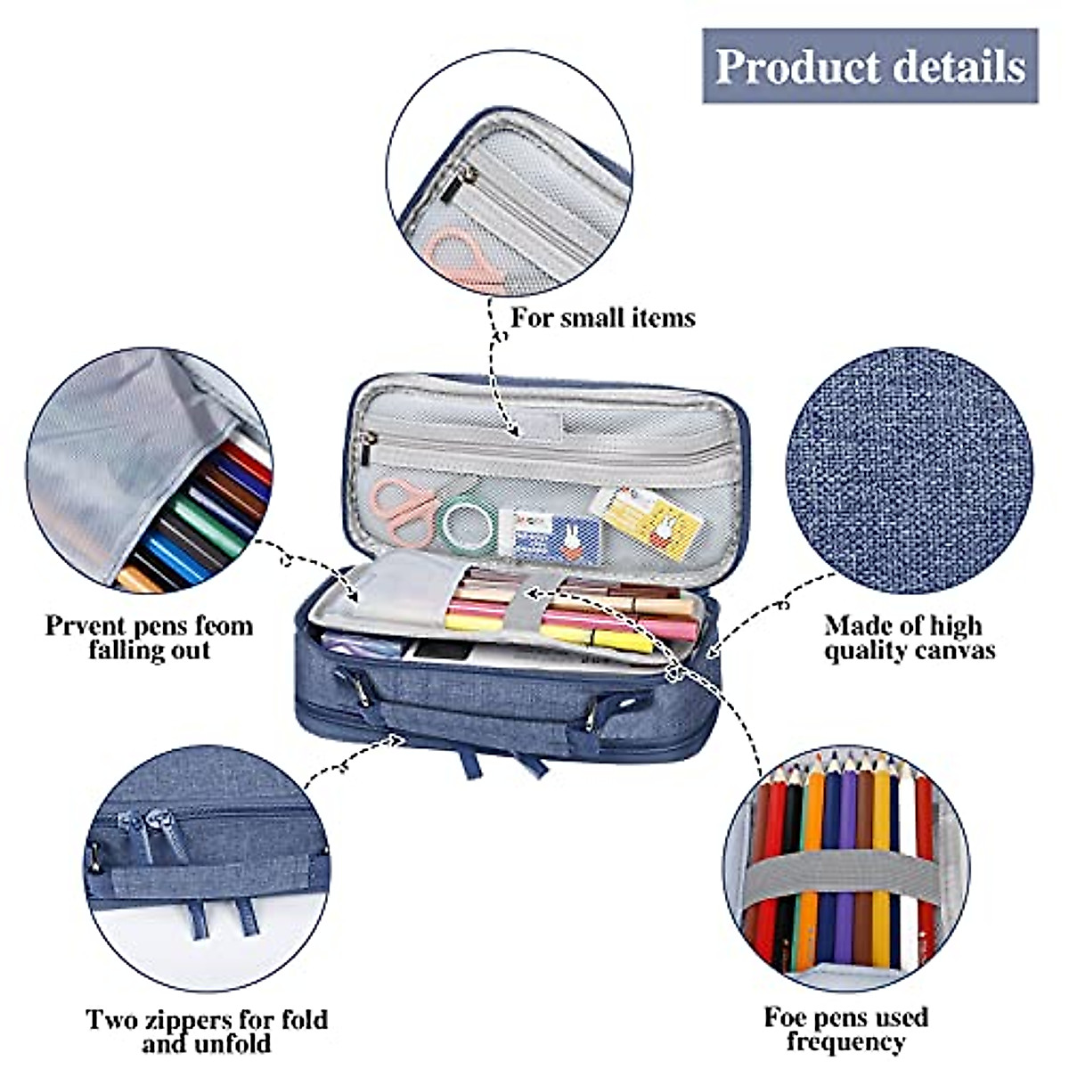 GUSEN Big Capacity Pencil Case Stationery Storage Pen Pouch Bag Double Zipper Multiple Compartments Organizer Cosmetic Portable High School Organizer College Student Teen Adult Boy Girl-Denim Blue