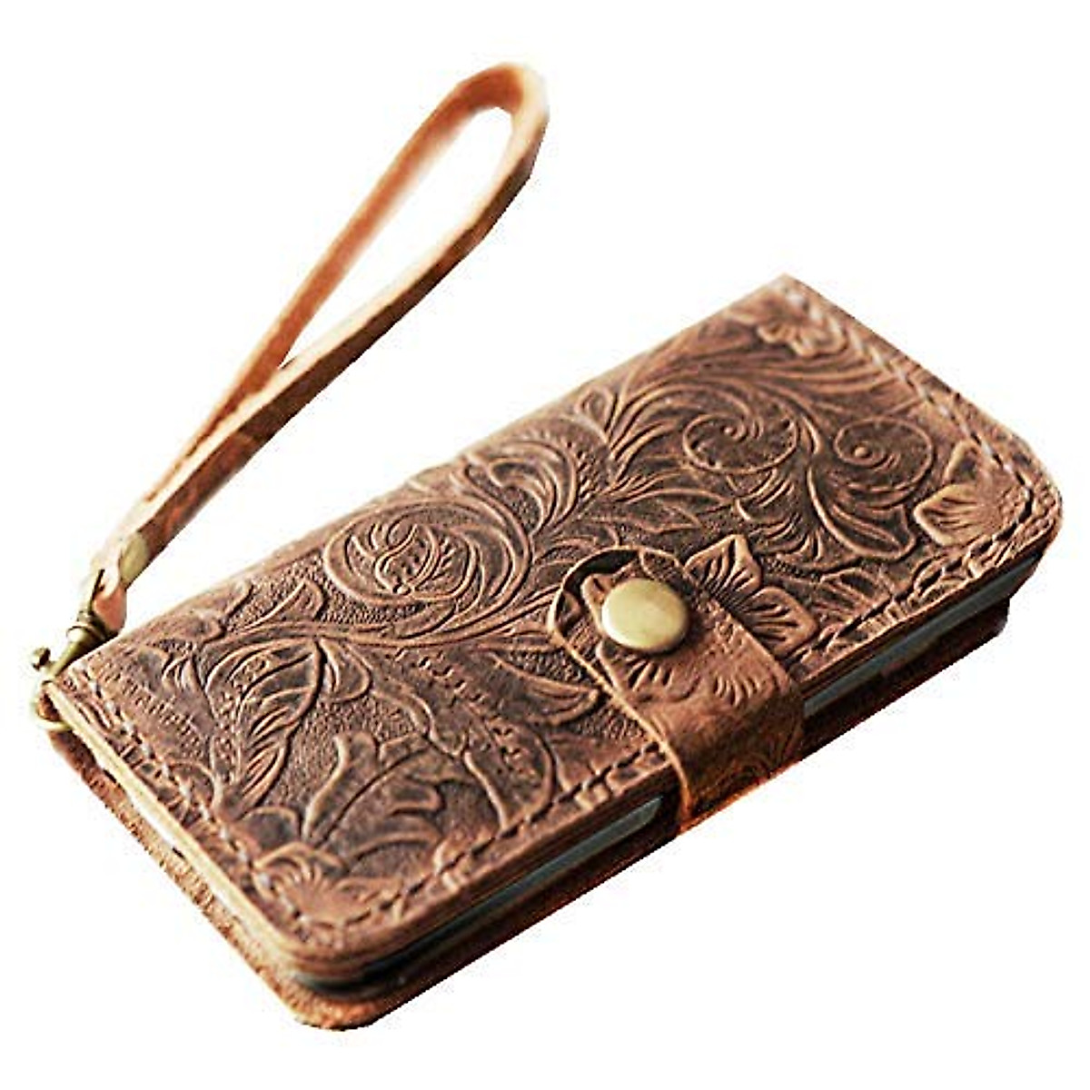Leather iPhone X/XS/XR/XS MAX wallet Case Handmade Wristlet iPhone XS/XR/XS MAX Cover Tooled Flower Brown