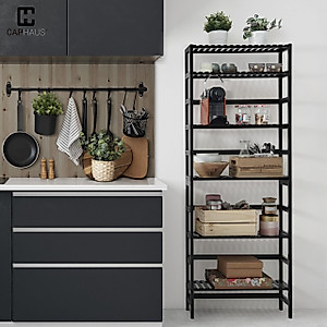 CAPHAUS 6-Tier Bamboo Shelf, Bamboo Open Storage Bookcase with Adjustable Layer, Freestanding Plant Display Stand, Multifunctional Storage Rack Stand for Bathroom, Bedroom, Kitchen, White