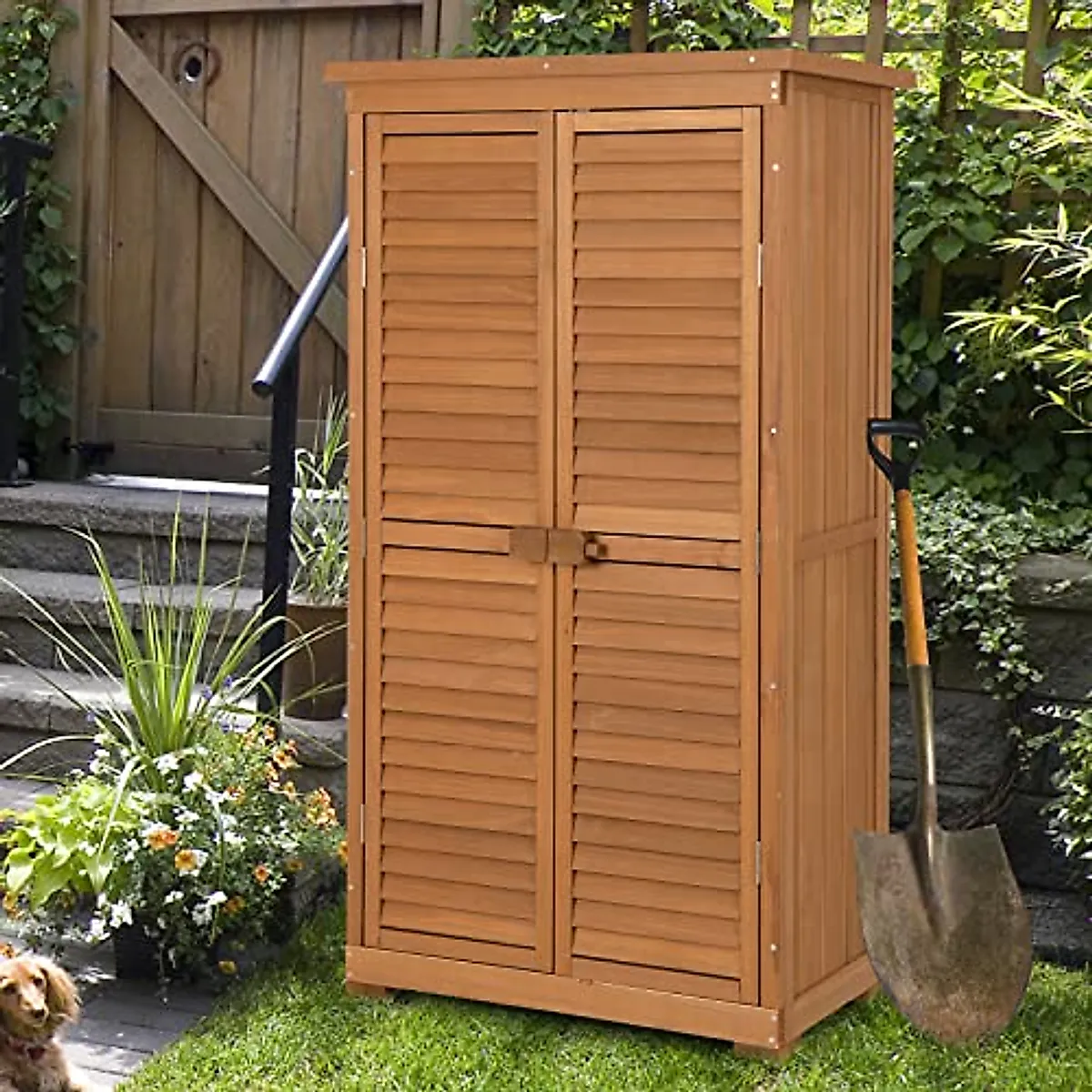 Goplus Outdoor Storage Cabinet, 63” Wood Garden Tool Shed with Double Lockable Doors 3 Shelves and Asphalt Roof, Multipurpose for Patio Lawn Garden Yard, Natural