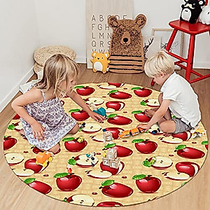 LAMANDA Round Area Rugs Red Apples Green Leaf Indoor Floor Carpet Non Slip Throw Rug for Living Room Bedroom Kids Nursery Farm Fruit Harvest 48in