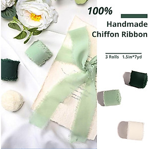 HTVRONT Chiffon Silk Ribbon 1.5" x 7Yd Soft Handmade Fringe Frayed Edged Baby Shower Bridal Bouquets Wedding Invitation Decor (Cream & Green)