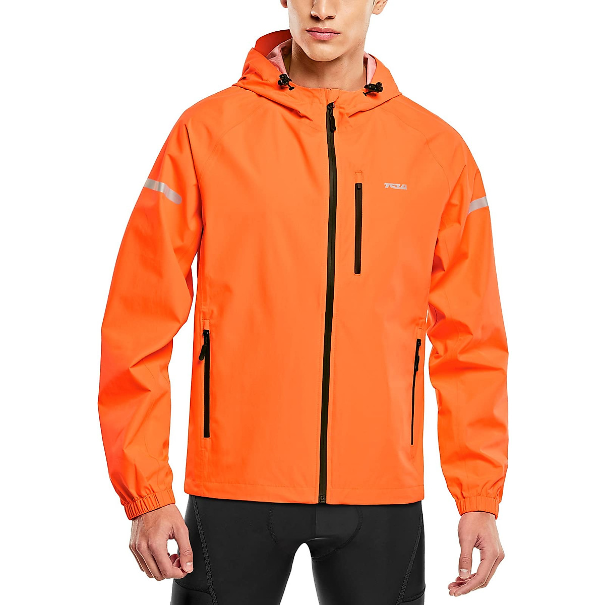 TSLA Men's Cycling Waterproof Jacket, Reflective Hoodie Windbreaker, Packable Bike Rain Jackets with Back Pocket, Cycling Neon Yellow, X-Large
