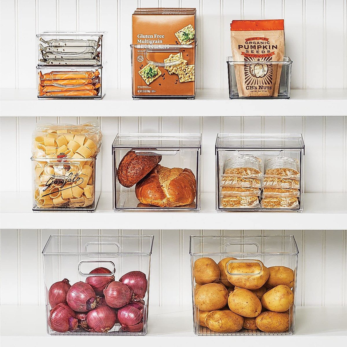 mDesign Plastic Food Storage Organizer Bin Box Container - 4 Compartment Holder for Packets, Pouches, Ideal for Kitchen, Pantry, Fridge, Countertop Organization - 4 Pack - Clear