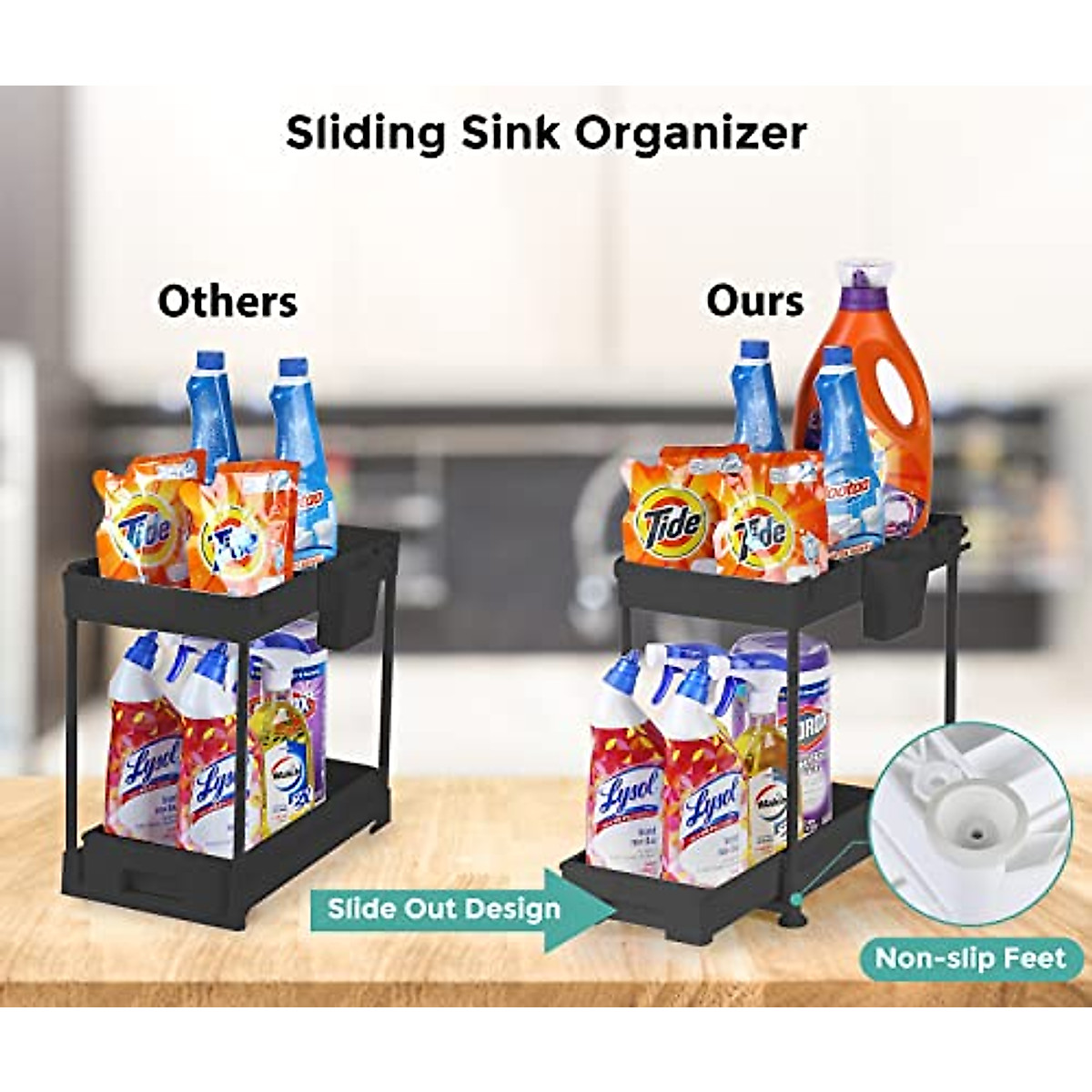 Under Sink Organizer, 2-Tier Sliding Under Sink Organizers and Storage Under Sink Storage for kitchen Under Cabinet Organizer with Hooks, Hanging Cup, Dividers