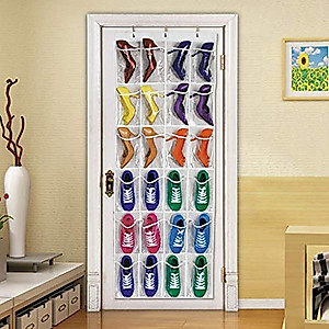 Yowein Crystal Clear Over The Door Hanging Shoe Organizer, Gray Back Door Shoe Foldable Storage Bag Wall-Mounted Non-Woven Shoes Transparent Travel Bifold Door (A - 24 pockets)
