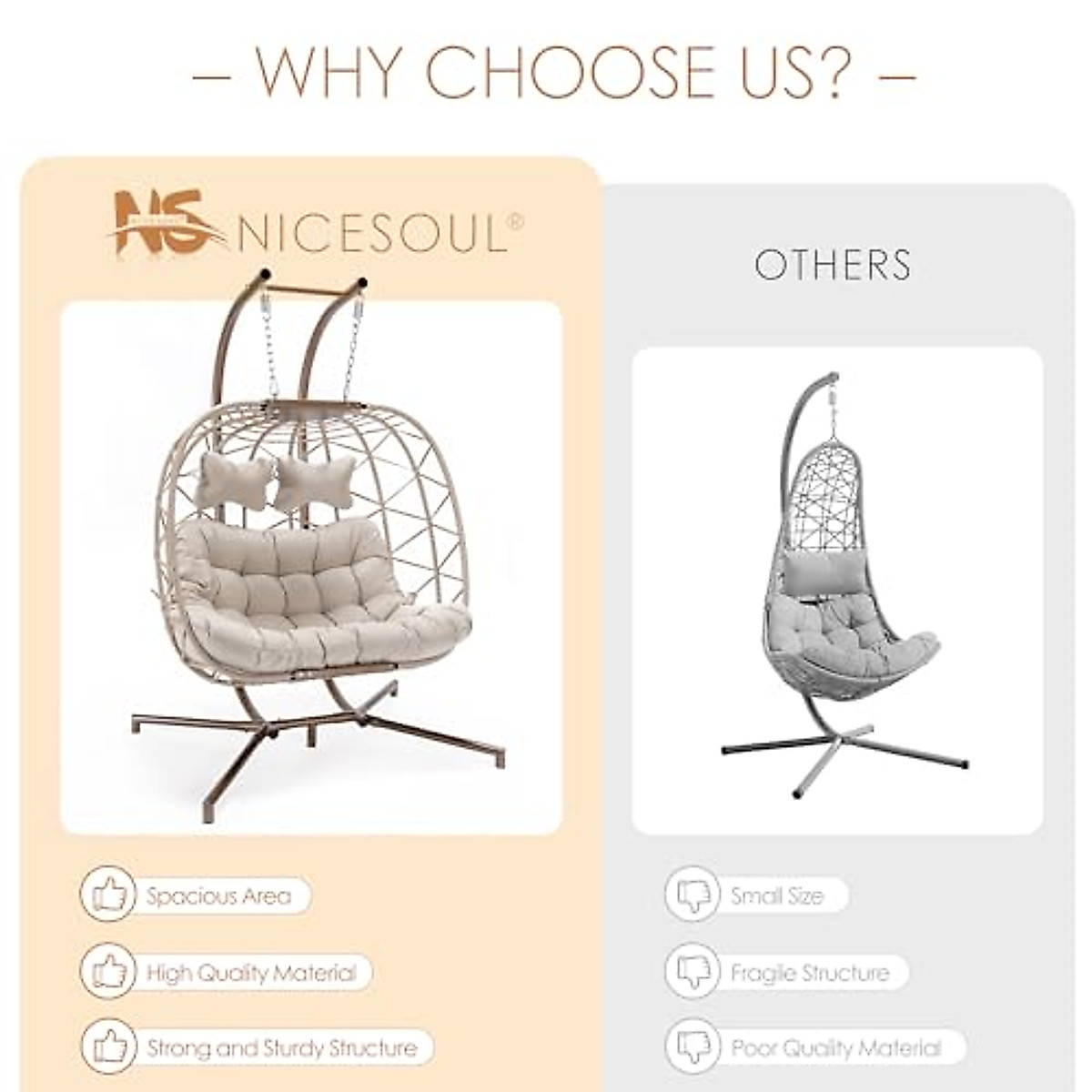 NICESOUL® Double Swing Egg Chair with Stand Large 2 Person Indoor Outdoor Wicker Patio Twins Basket Hanging Chair with Beige Cushions 510 Lbs Capaticy for Bedroom Balcony Oversized