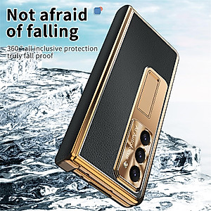 Upgraded Case for Samsung Galaxy Z Fold 5 2023, Magnetic Hinge Protection Built-in S Pen Holder & Built-in Screen Protetctor & Stylus Luxury Electroplated Leather Case,Black 2