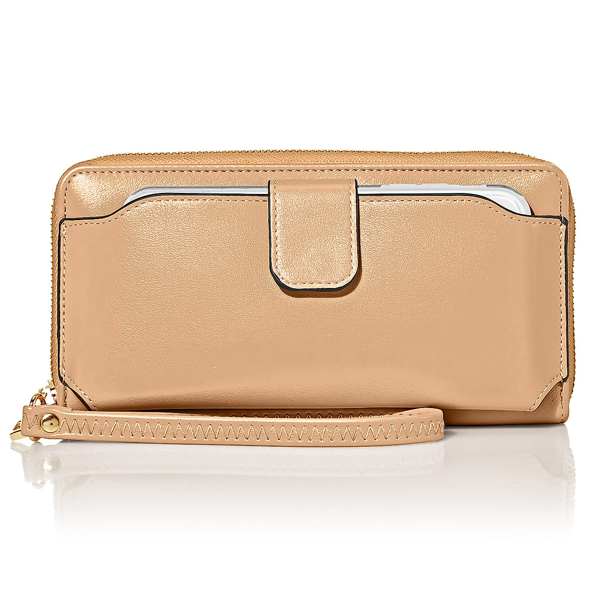 Amazon Essentials Women Wristlet Wallet with Cell Phone Holder Zip Around Wallet PU (Almond)