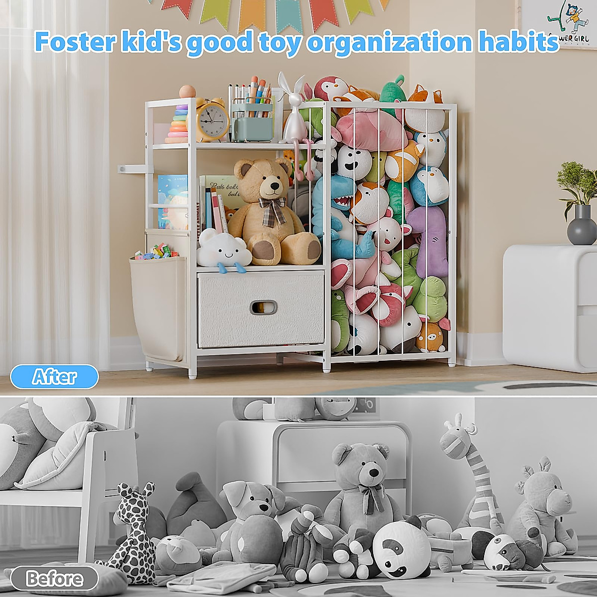Metal Stuffed Animal Storage Toy Organizer - Kids Toy Storage Organizer with Toy Box, Stuffed Animal Zoo Storage with Bins, Toy Shelf Organizer Storage for Kids Room Playroom Nursery Bedroom (White)