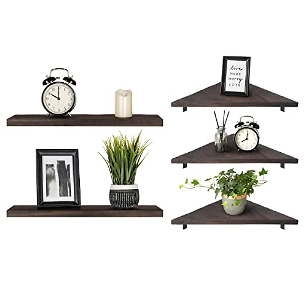 Mkono 5 Pieces Set Floating Shelves for Wall, 2 Pack Rectangle Wood Shelf and 3 Pack Triangle Wood Board Corner Shelves