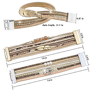 Wovanoo 3Pack Leather Cuff Bracelet Set Multilayer Wrap Feather Magnetic Clasp Bracelet for Women 3pack