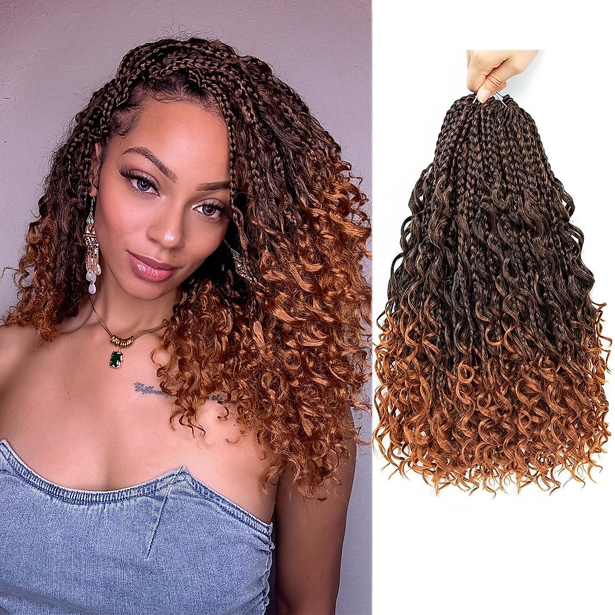 Coolbeeza 14 Inch Goddess Box Braids Crochet Hair with Curly Ends Bohemian Box Braids Crochet Hair Soft Net Synthetic Pre Looped Hair Extensions for Black Women Kids 8 Packs-128 Strands